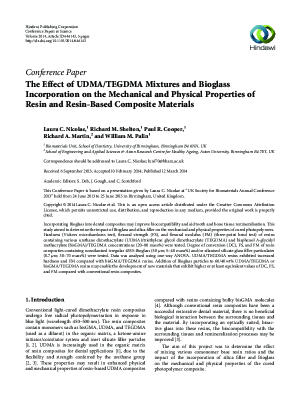 (PDF) The Effect of UDMA/TEGDMA Mixtures and Bioglass Incorporation on ...