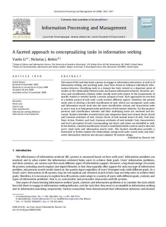 (PDF) A faceted approach to conceptualizing tasks in information seeking