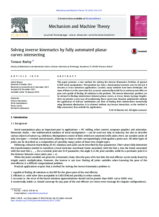 (PDF) Solving inverse kinematics by fully automated planar curves intersecting
