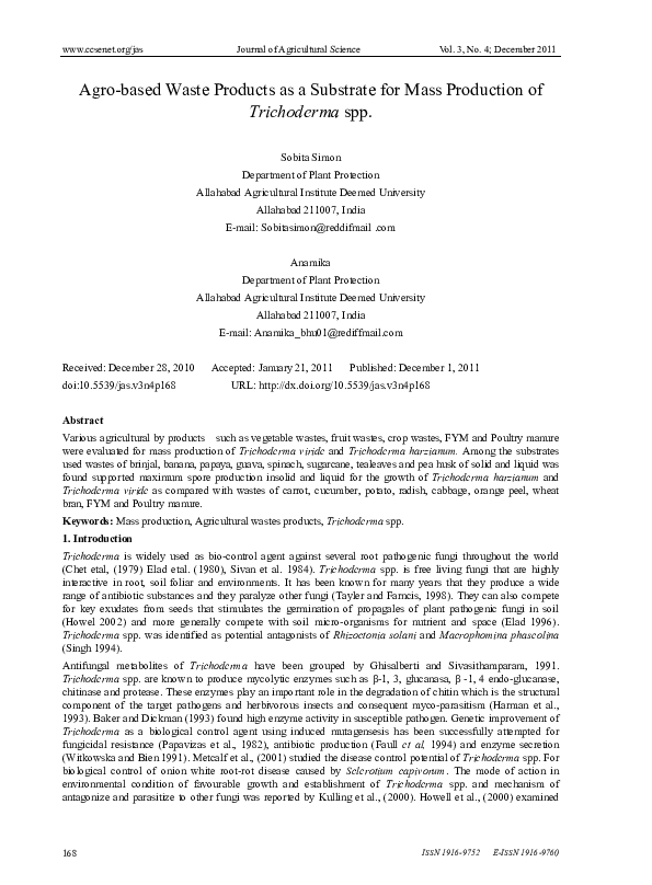 (PDF) Agro-based Waste Products as a Substrate for Mass Production of Trichoderma spp