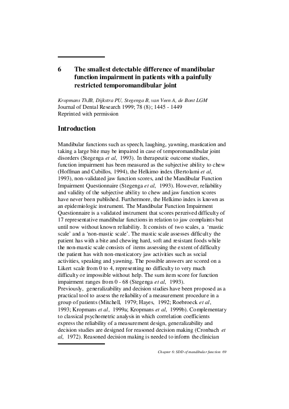 Pdf The Smallest Detectable Difference Of Mandibular Function