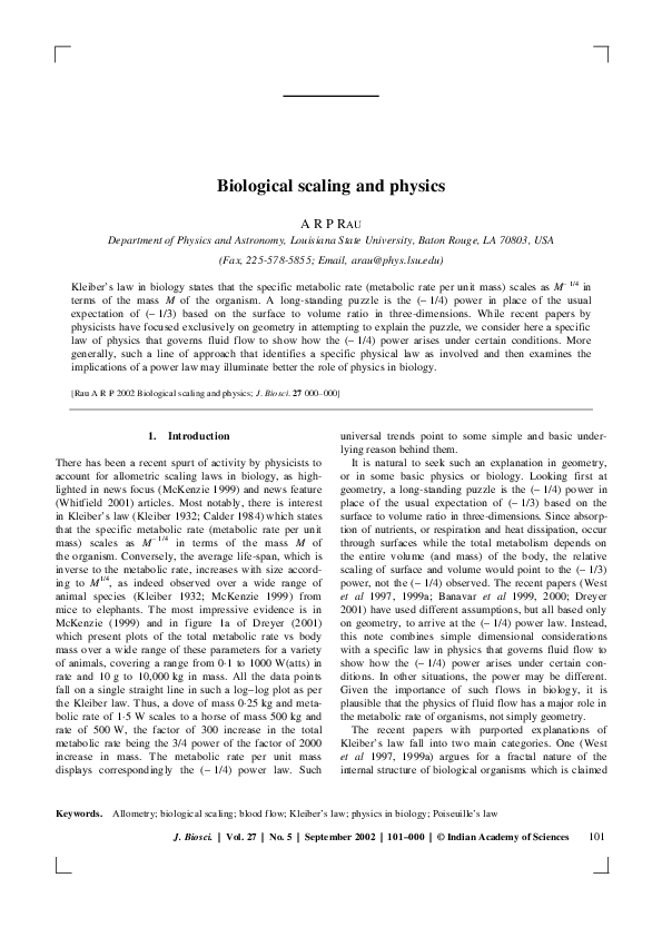 (PDF) Biological scaling and physics