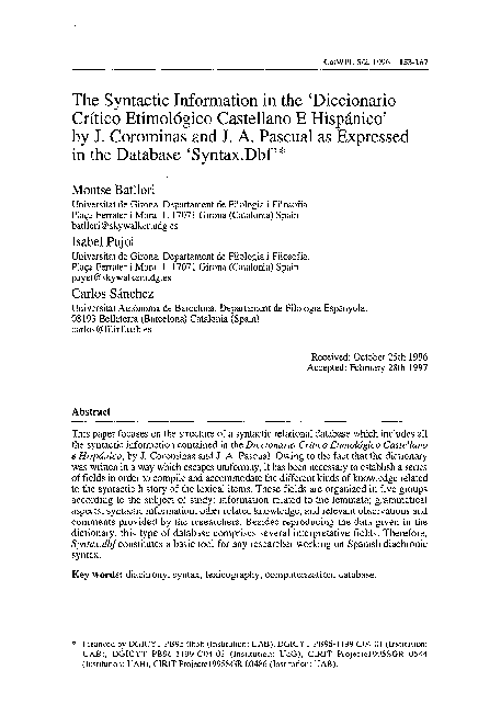(PDF) The Syntactic Information in the 'Diccionario Crítico Etimológico Castellano e Hispánico ...