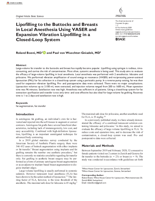 (PDF) Lipofilling to the Buttocks and Breasts in Local Anesthesia Using VASER and Expansion ...