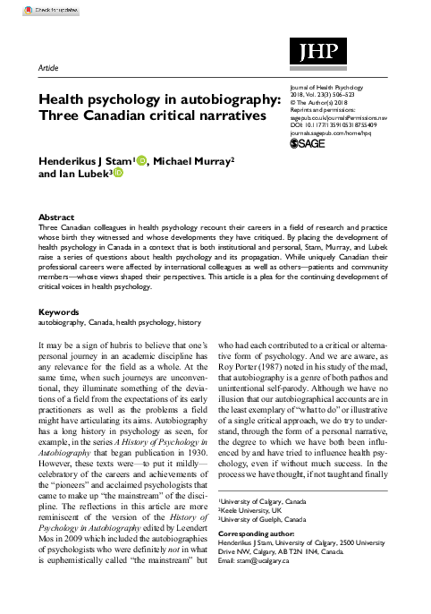 (PDF) Health psychology in autobiography: Three Canadian critical ...