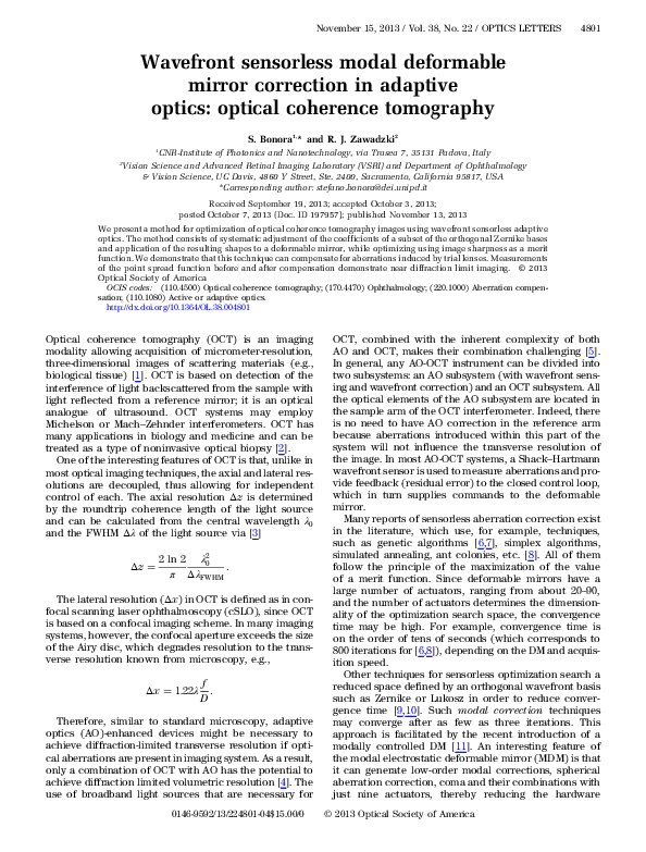 (PDF) Wavefront sensorless modal deformable mirror correction in adaptive optics: optical ...