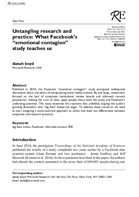 (PDF) Untangling research and practice: What Facebook’s “emotional ...