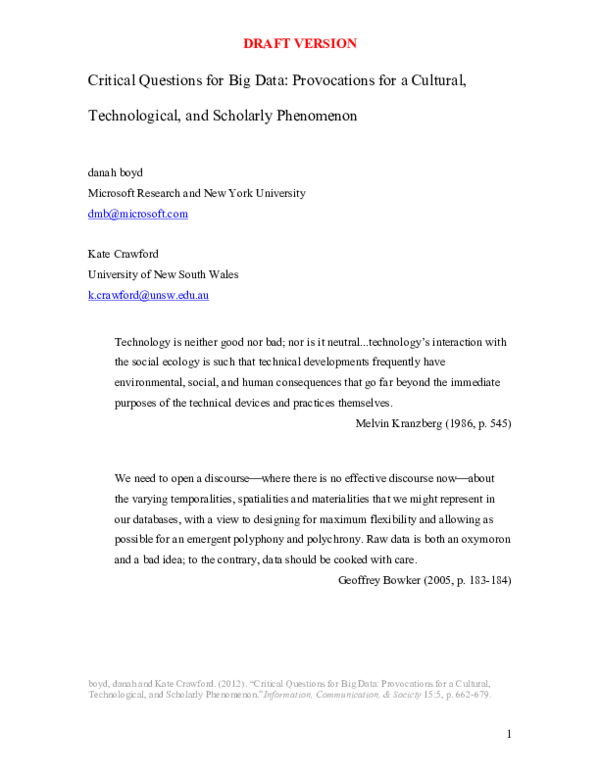 (PDF) Critical Questions for Big Data