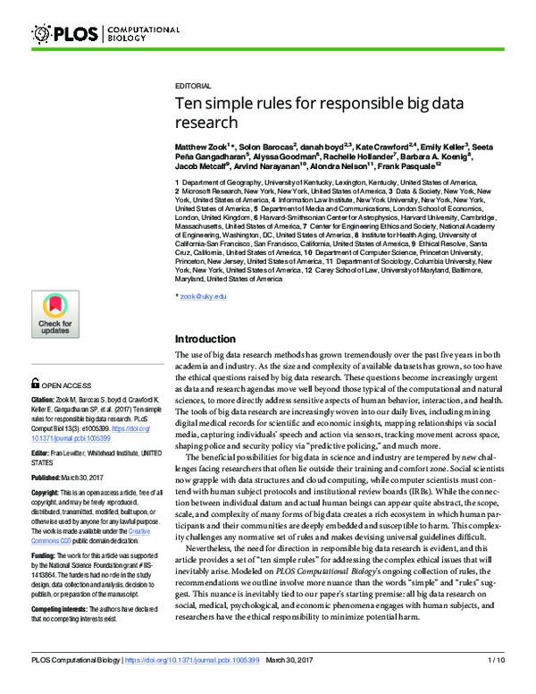 (PDF) Ten simple rules for responsible big data research
