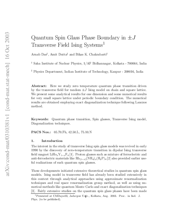 (PDF) Quantum Spin Glass Phase Boundary in (+/-) J Transverse Field Ising Systems