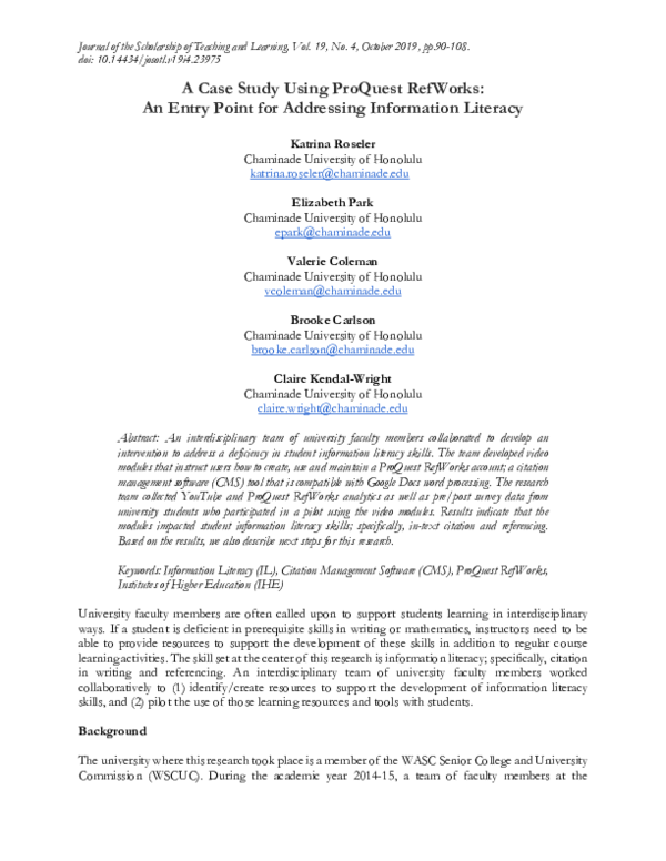 (PDF) A Case Study Using ProQuest RefWorks: An entry point for addressing information literacy