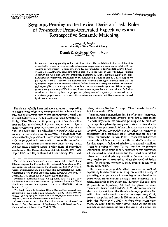 Pdf Semantic Priming In The Lexical Decision Task Roles Of