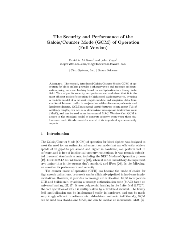 (PDF) The Security and Performance of the Galois/Counter Mode (GCM) of ...