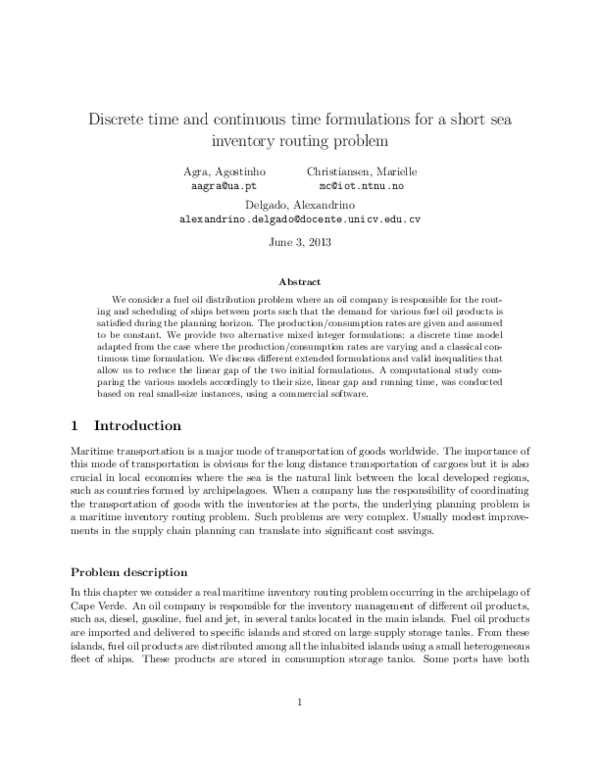 Pdf Discrete Time And Continuous Time Formulations For A Short Sea Inventory Routing Problem 