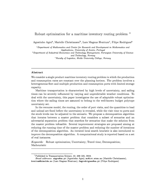 (PDF) Robust Optimization for a Maritime Inventory Routing Problem | Agostinho Agra - Academia.edu