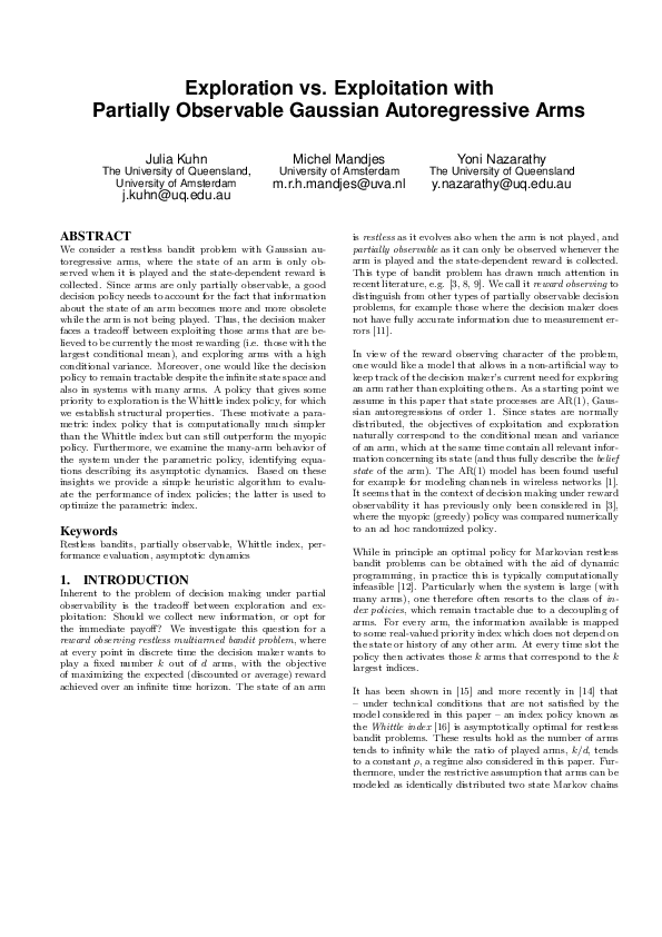 (PDF) Exploration vs Exploitation with Partially Observable Gaussian Autoregressive Arms