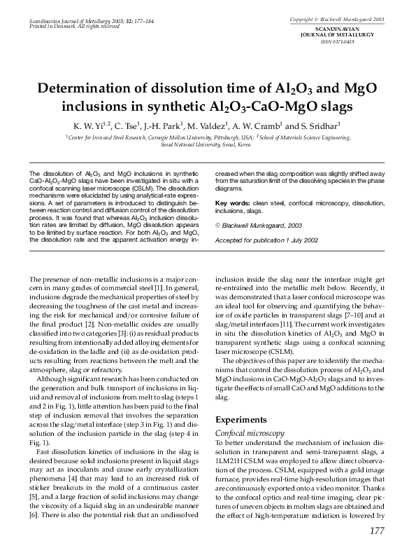 (PDF) Determination of dissolution time of Al2O3 and MgO inclusions in ...