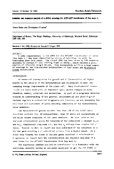 (PDF) Isolation and Sequence Analysis of a CDNA Encoding the ATP/ADP ...