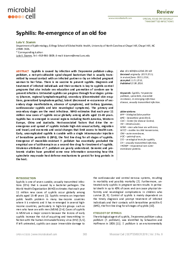 (PDF) Syphilis: Re-emergence of an old foe