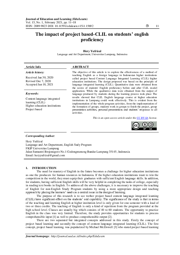 (PDF) The impact of project based-CLIL on students' english proficiency