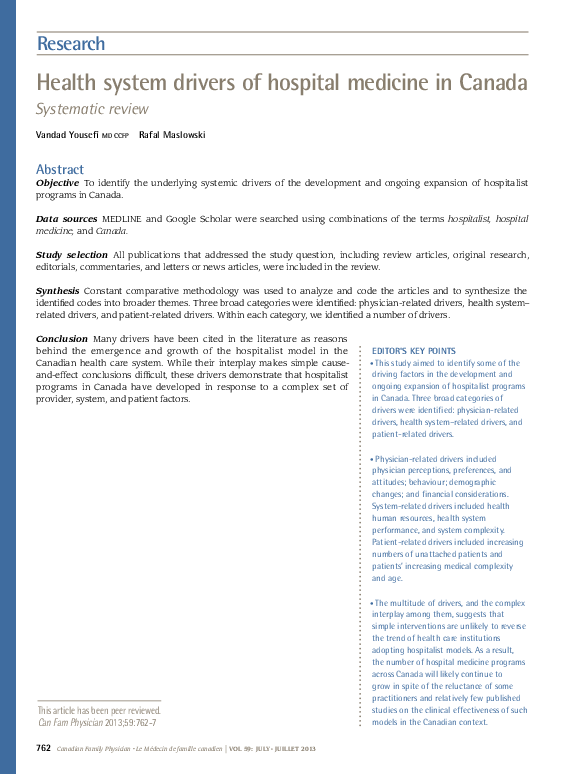 (PDF) Health system drivers of hospital medicine in Canada Systematic ...