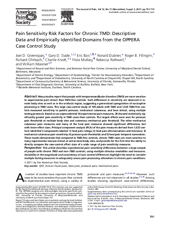 (PDF) Pain Sensitivity Risk Factors for Chronic TMD: Descriptive Data ...