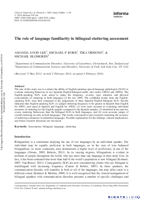 (PDF) The role of language familiarity in bilingual stuttering assessment