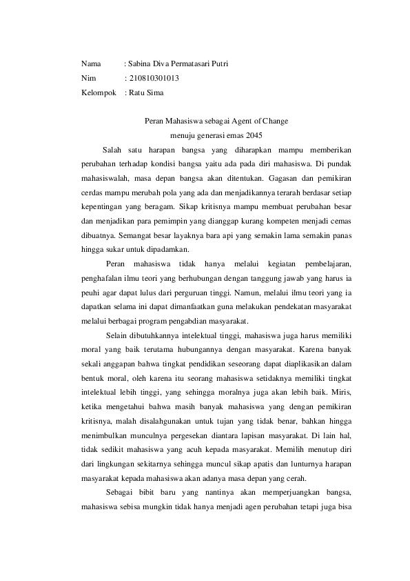 (PDF) Peran Mahasiswa sebagai Agent of Change menuju generasi emas 2045