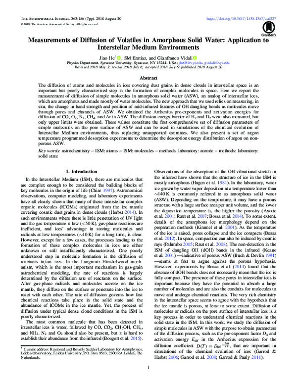 (PDF) Measurements of Diffusion of Volatiles in Amorphous Solid Water: Application to ...