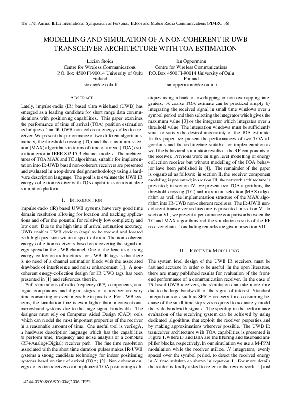 Pdf Modelling And Simulation Of A Non Coherent Ir Uwb Transceiver Architecture With Toa Estimation
