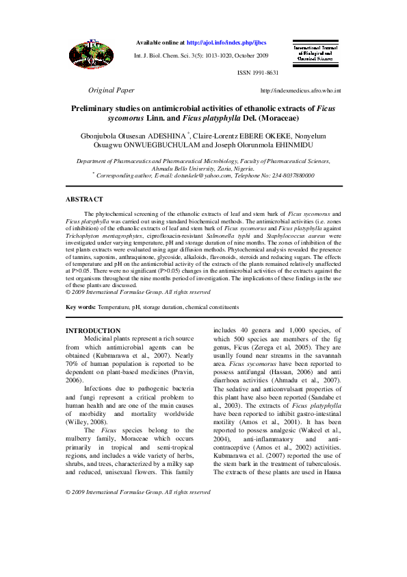 (PDF) Preliminary studies on antimicrobial activities of ethanolic extracts of Ficus sycomorus ...