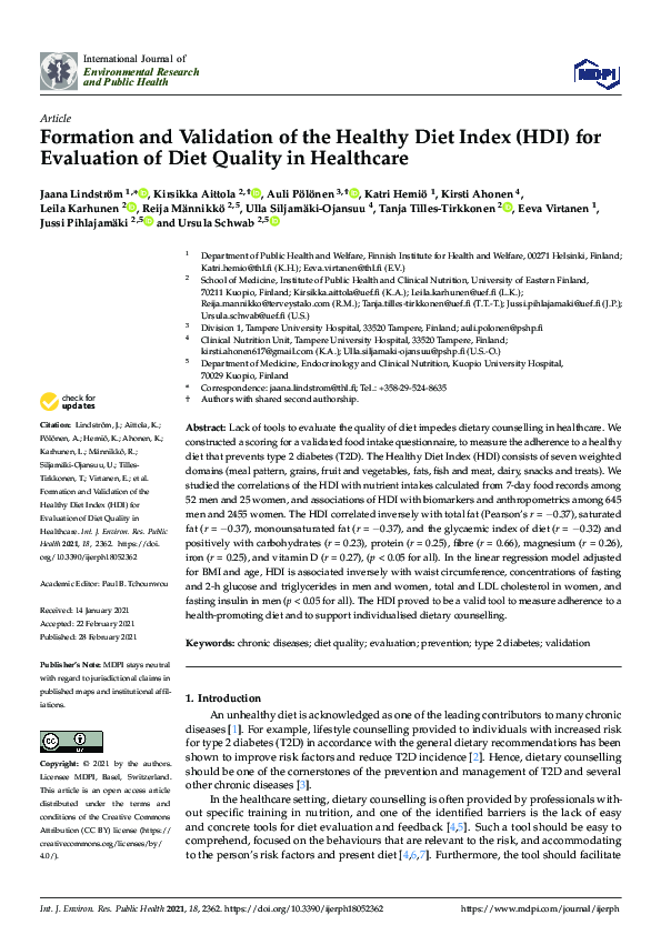 (PDF) Formation and Validation of the Healthy Diet Index (HDI) for ...