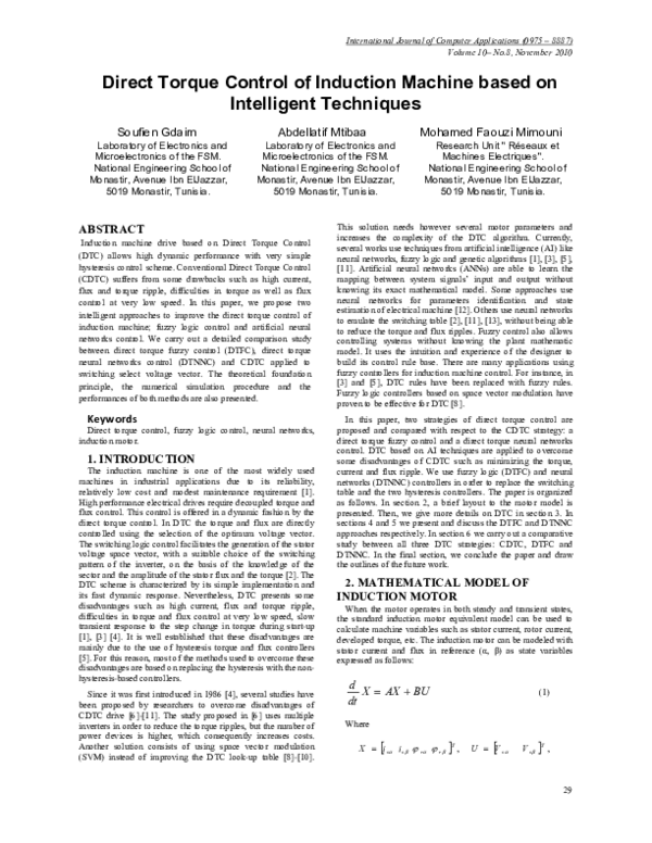 Pdf Direct Torque Control Of Induction Machine Based On Intelligent Techniques