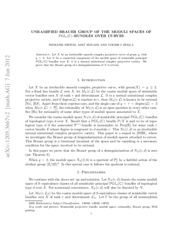 Pdf Unramified Brauer Group Of The Moduli Spaces Of Pgl R { Mathbb C