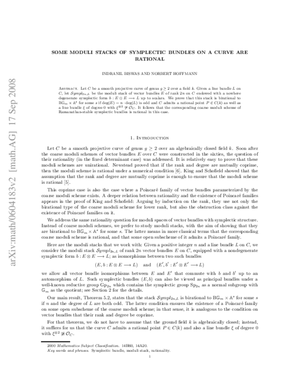 Pdf Some Moduli Stacks Of Symplectic Bundles On A Curve Are Rational