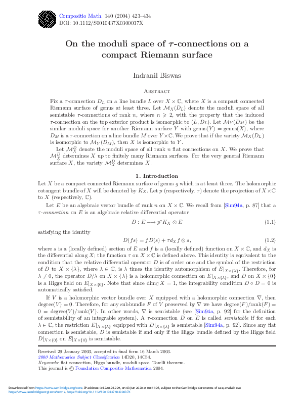 Pdf On The Moduli Space Of Tau Connections On A Compact Riemann Surface