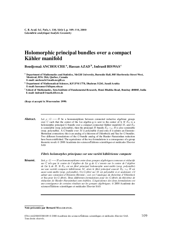 (PDF) Holomorphic principal bundles over a compact Kähler manifold