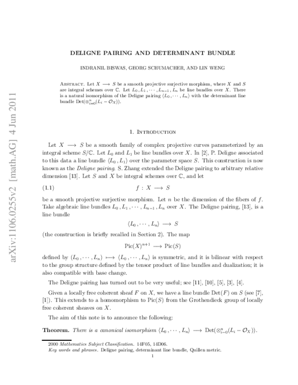 (PDF) Deligne pairing and determinant bundle