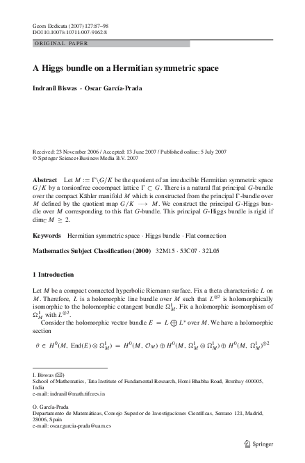 (PDF) A Higgs bundle on a Hermitian symmetric space | Indranil Biswas - Academia.edu