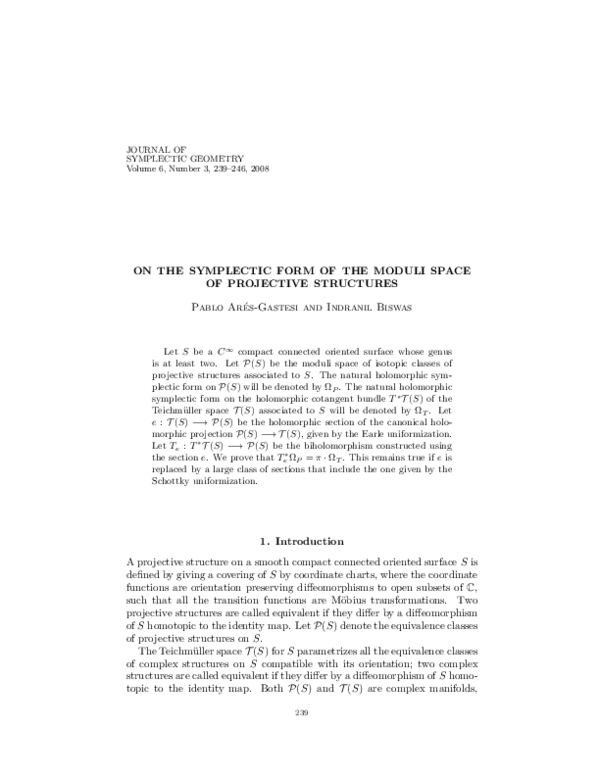 (PDF) On the symplectic form of the moduli space of projective structures