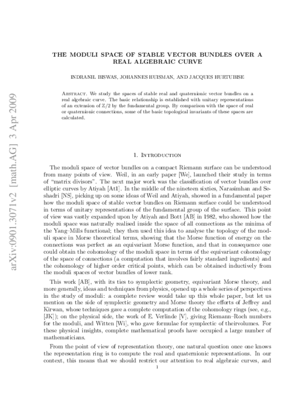 (PDF) The moduli space of stable vector bundles over a real algebraic curve | Indranil Biswas ...