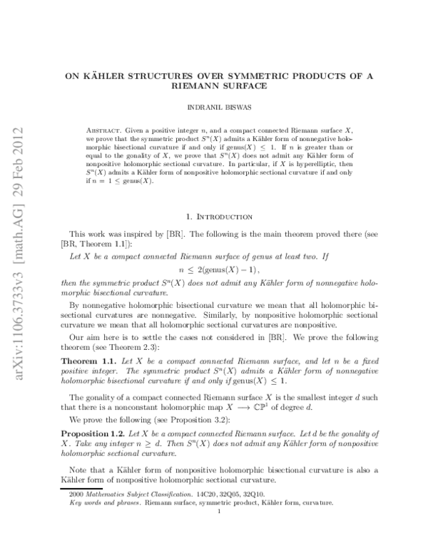 (PDF) On Kähler structures over symmetric products of a Riemann surface