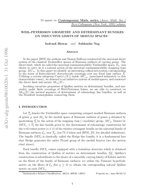 (PDF) Weil-Petersson geometry and determinant bundles on inductive limits of moduli spaces