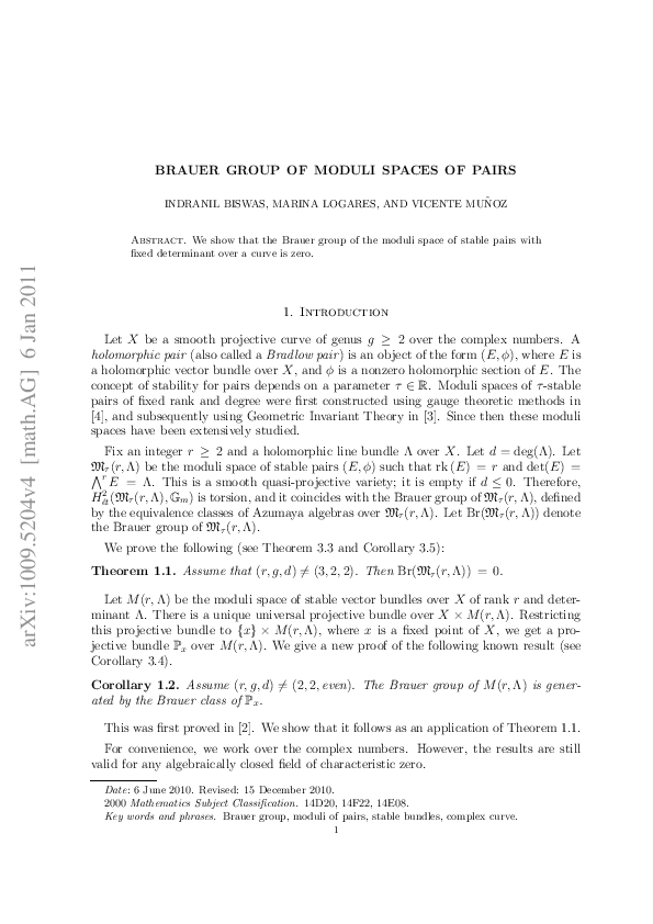 (PDF) Brauer Group of Moduli Spaces of Pairs