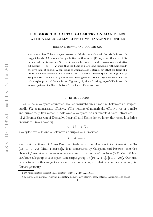 (PDF) Holomorphic Cartan geometry on manifolds with numerically ...