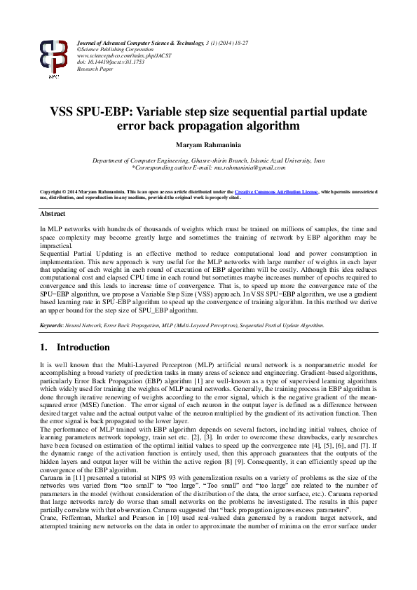 Pdf Vss Spu Ebp Variable Step Size Sequential Partial Update Error Back Propagation Algorithm