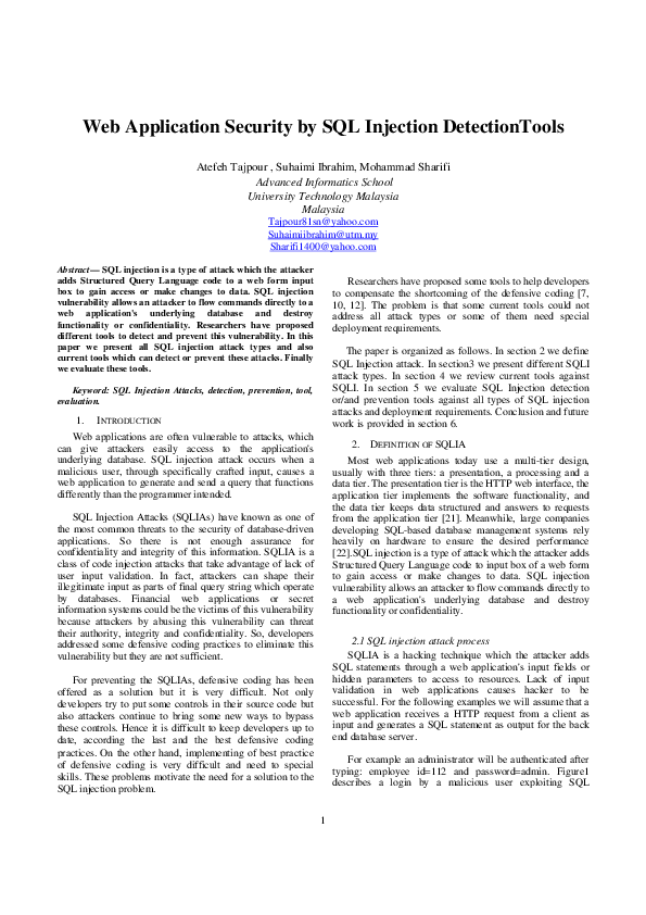 Pdf Web Application Security By Sql Injection Detectiontools