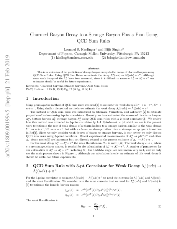 (PDF) Charmed baryon decay to a strange baryon plus a pion using QCD sum rules