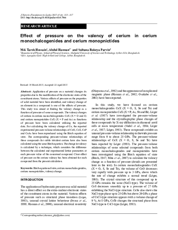(PDF) Effect of pressure on the valency of cerium in cerium ...