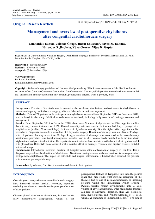 (PDF) Management and overview of postoperative chylothorax after ...